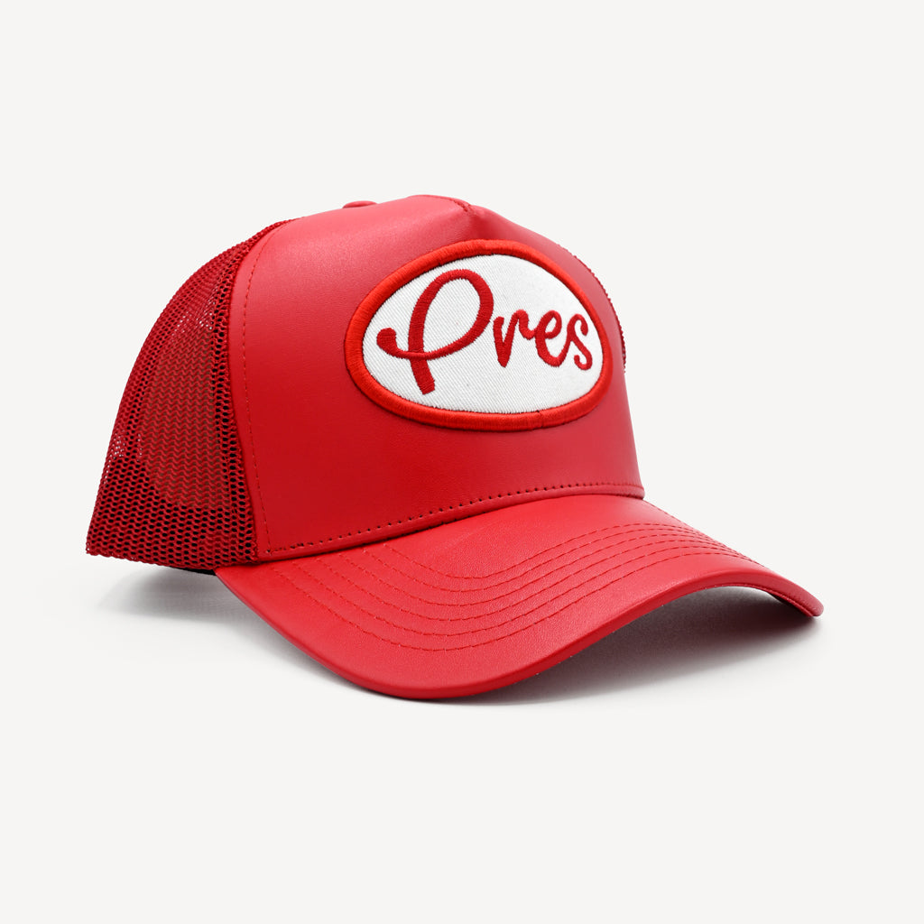 Red Leather Trucker Hat | Gold Presidents