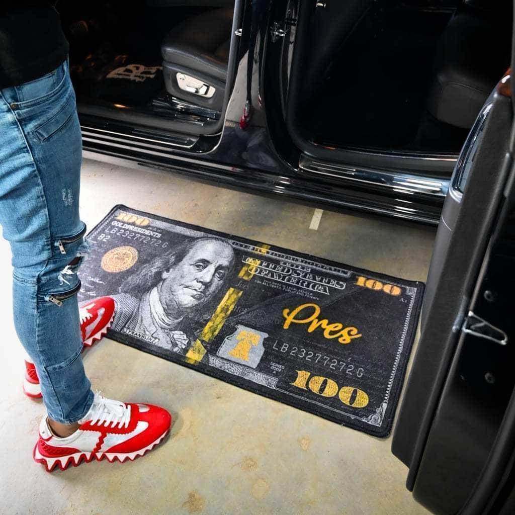 $100 Dollar Bill Black Money Rug | Gold Presidents